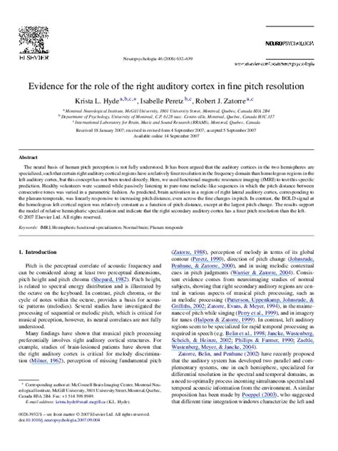 Pdf Evidence For The Role Of The Right Auditory Cortex In Fine Pitch