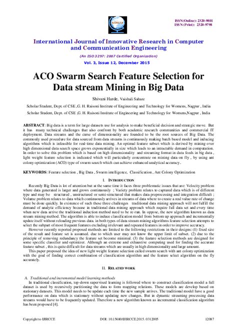 Pdf Aco Swarm Search Feature Selection For Data Stream Mining In Big Data