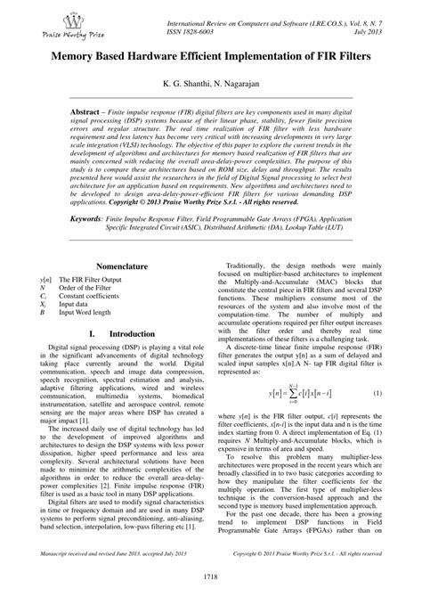 Pdf Memory Based Hardware Efficient Implementation Of Fir Filters