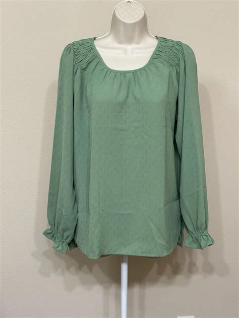 Jessica Simpson Womens Textured Blouse Long Sleeves Pullover Green
