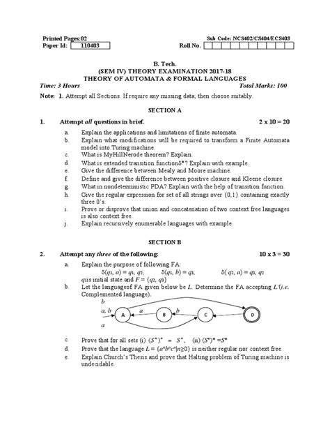 Btech Cs 4 Sem Theory Of Automata And Formal Languages Ncs402 2018