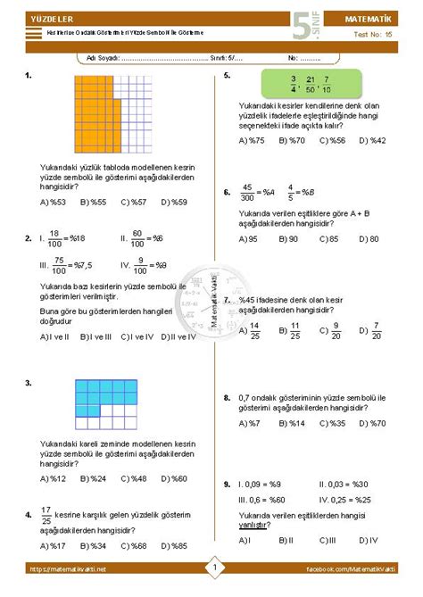 5sınıf Yüzdeler Testi Pdf İndir Matematik Vakti