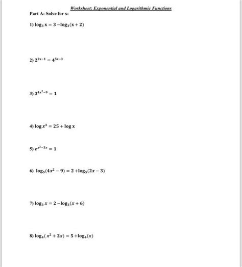 Solved Worksheet Exponential And Logarithmic Functions Part Chegg