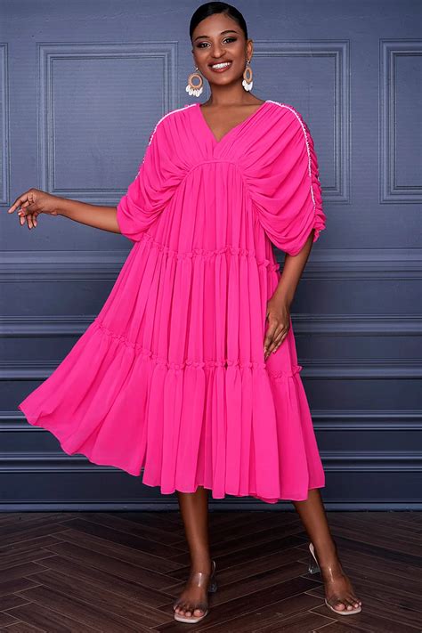 Xpluswear Design Plus Size Hot Pink Daily Chiffon V Neck Overlay Midi Dress