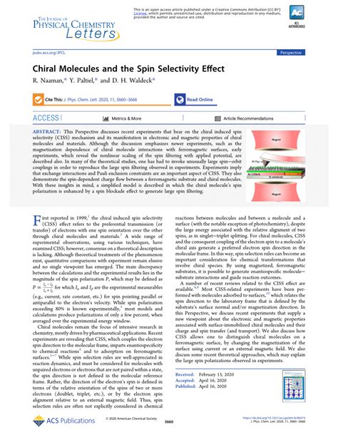Pdf A Perspective On Chiral Molecules And The Spin Selectivity Effect