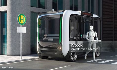 여객 버스 정류장 빈 기호 3d 렌더링 정상적인 관점에 종료와 함께 자율 버스 통근자에 대한 스톡 사진 및 기타 이미지 통근자 무인교통 자동화 기술 Istock