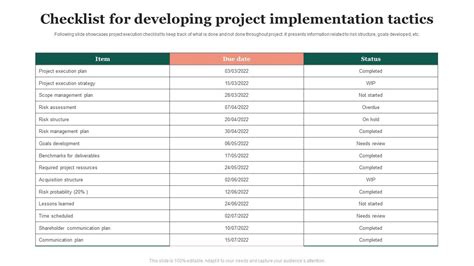 Checklist For Developing Project Implementation Tactics Template Pdf