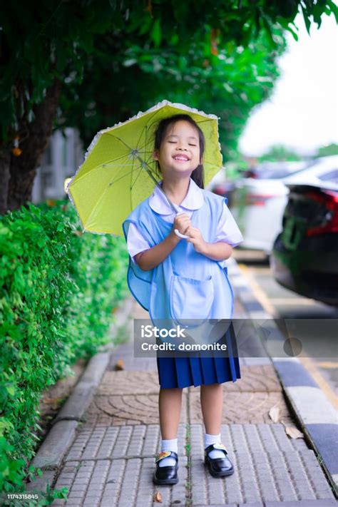 비오는 날에 노란색 우산을 가진 태국 학교 유니폼을 입은 어린 소녀 1위에 대한 스톡 사진 및 기타 이미지 1위 걷기 공원 Istock