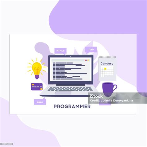 코더 나 프로그래머의 작업 환경입니다 벡터 일러스트 레이 션 컴퓨터 웹 개발 웹사이트 화면을 사용 하 여 새 프로젝트를 코딩 하는 프로그래머가 프로그램 코드 공학 0명에