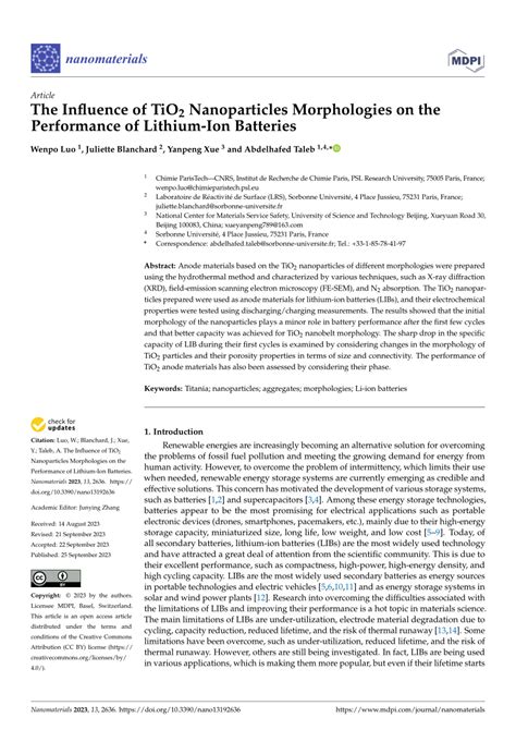 Pdf The Influence Of Tio2 Nanoparticles Morphologies On The Performance Of Lithium Ion Batteries