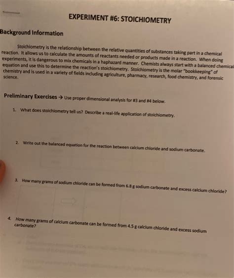 Solved Experiment 6 Stoichiometry Background Information
