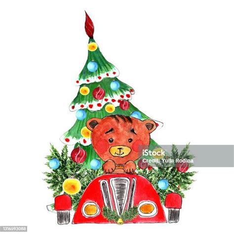 귀여운 크리스마스 엽서 템플릿 전나무 가지의 화환과 자동차로 테디 베어 수채화 일러스트 핸드 드로잉 인사말 카드 초대장 카드 0명에 대한 스톡 벡터 아트 및 기타 이미지