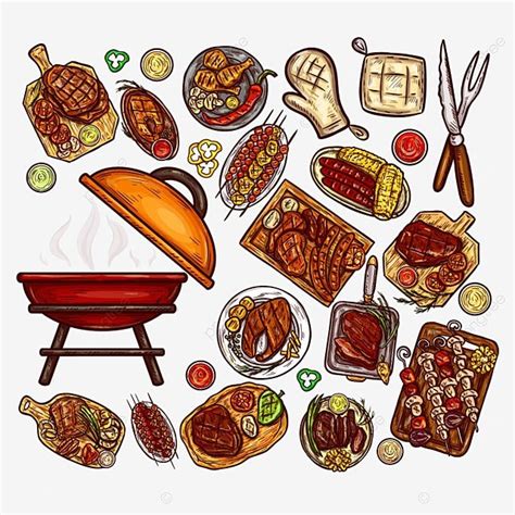 바베 큐에 대 한 벡터 일러스트 요소 집합 야외 파티 음식 고기 Png 일러스트 및 벡터 에 대한 무료 다운로드 Pngtree