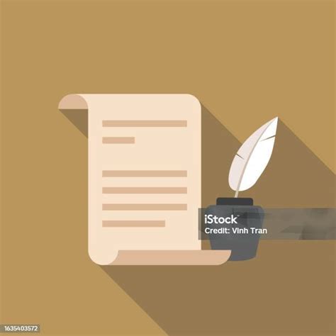 긴 그림자가 있는 역사 플랫 아이콘입니다 간단한 스크롤 및 깃털 퀼 펜 잉크 픽토그램 벡터 그림입니다 학교 과목 문학 역사 개념 로고 디자인 개념에 대한 스톡 벡터 아트 및