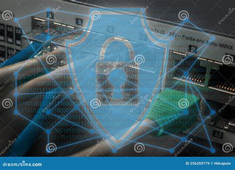 Concept Of Networks And Computer Security Network Diagram With Binary Text And A Large Shield