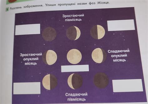 Розглянь зображення Упиши пропущені назви фаз Місяця Зростаючий півмісяць Зростаючий опуклий