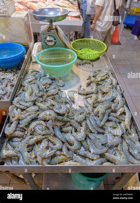 Fresh Prawns On Display At A Stall In The Chinatown Complex Wet Market