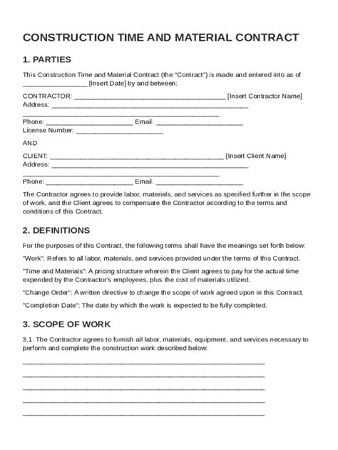 Construction Time And Material Contract Template Fill Out And Sign