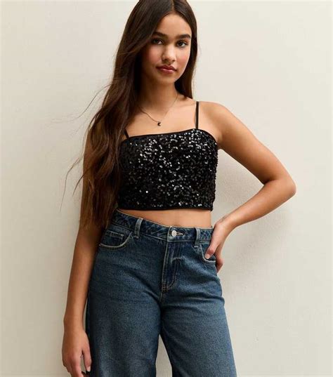 Girls Black Sequin Embellished Cami Top New Look