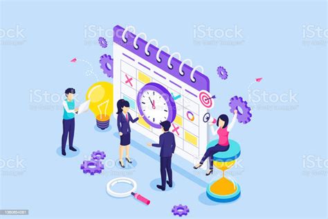 비즈니스 사람들은 일정을 계획하고 있습니다 사업가와 사업가가 사업 계획을 논의하고 있습니다 계획 일정 및 시간 관리 개념 등자극 벡터 일러스트레이션 3차원 형태에 대한 스톡