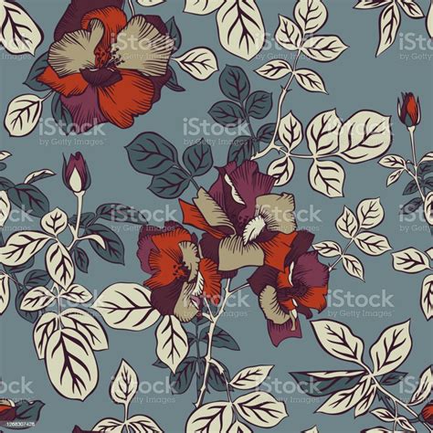 꽃 큰 장미 꽃잎 싹과 잎과 원활한 패턴 회색으로 고립된 예술적 여름 꽃 배경 아름다운 식물 장식품 라인 드로잉 빈티지 스타일