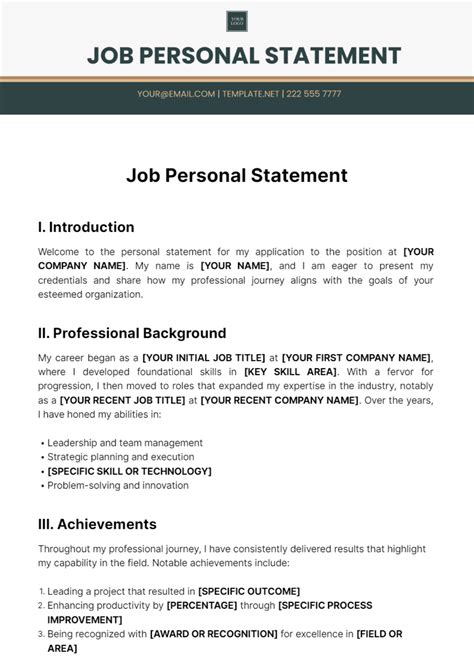 Free Job Personal Statement Template To Edit Online