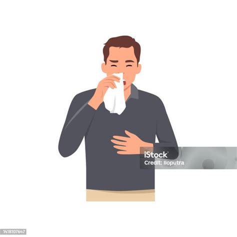 젊은 남자 기침 기관지염 일반적인 감기 또는 코로나 바이러스 인플루엔자 발열 또는 계절성 질병 감염 호흡기 바이러스 성 질병 흰색 배경에 격리된 플랫 벡터 일러스트 레이 션
