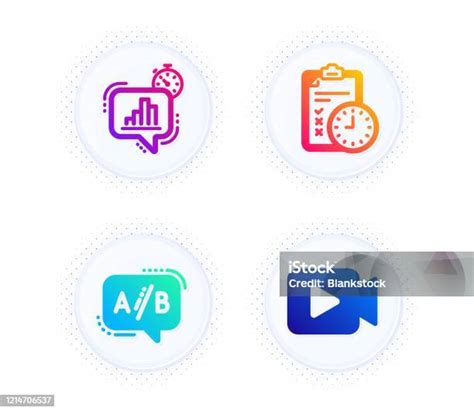 통계 타이머 시험 시간 및 Ab 테스트 아이콘 세트 비디오 카메라 기호입니다 성장 차트 체크리스트 테스트 채팅 벡터 0명에 대한