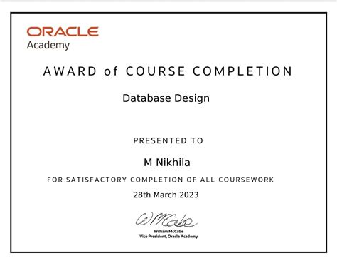 Oracleacademy Databasedesign Coursecompletion Datamanagement Nikhila Madhamshetti