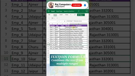 Combines The Text From Multiple Ranges In Excel Textjoin Formula Raj Computers Raj Sir