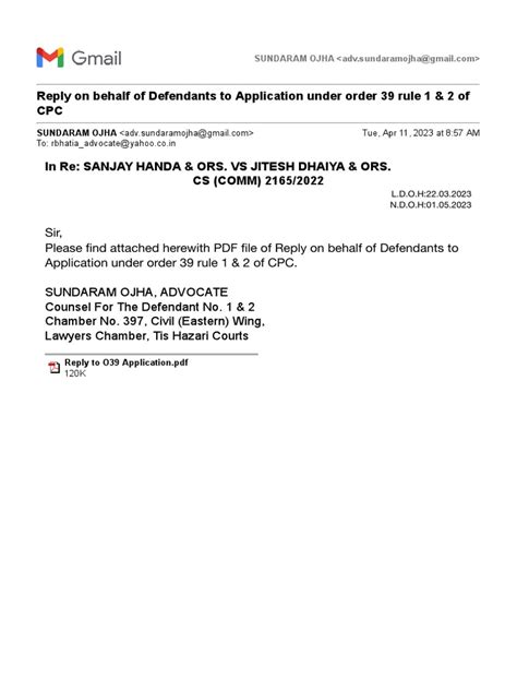 Gmail Reply On Behalf Of Defendants To Application Under Order 39 Rule 1 And 2 O Pdf