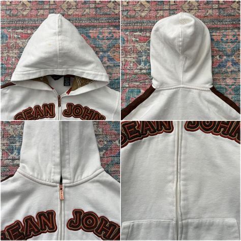Y2k White Sean John Diddy Zip Up Embroidered Hoodie Depop