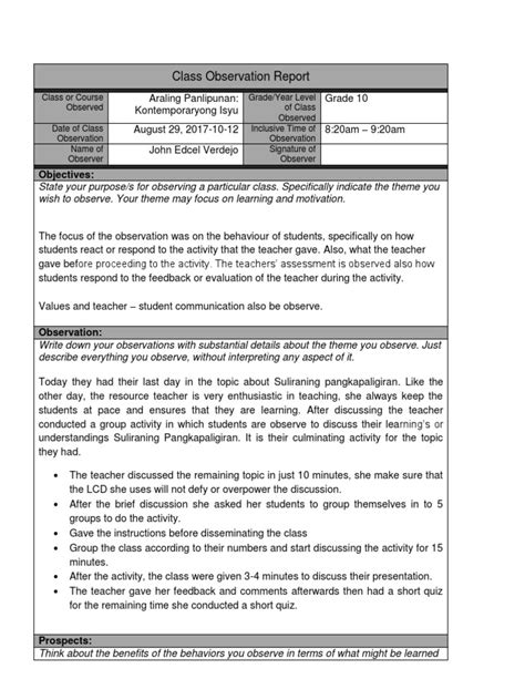 Class Observation Report Template Pdf Classroom Teachers