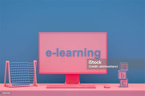 전자 학습 개념 책상에 E러닝 텍스트와 컴퓨터 화면 0명에 대한 스톡 사진 및 기타 이미지 0명 3차원 형태 개념 Istock