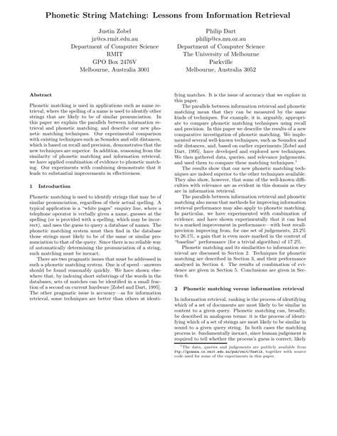 Pdf Phonetic String Matching Lessons From Information Retrieval