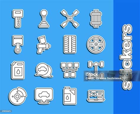 자동차 섀시 알로이 휠 휠 렌치 페인트 스프레이 건 엔진 피스톤 리모컨 및 타이어 아이콘이 있는 자동차 키의 진단 상태를 설정합니다 벡터 교통에 대한 스톡 벡터 아트 및