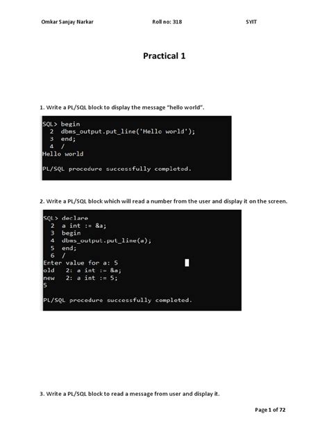 practical 1 1 write a pl sql block to display the message hello world pdf pl sql