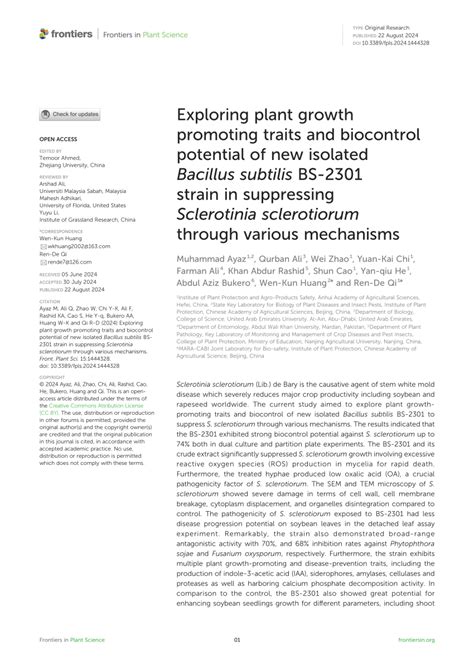 Pdf Exploring Plant Growth Promoting Traits And Biocontrol Potential