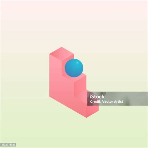 최소한의 배경 디자인으로 부드러운 분홍색 계단의 중간에 푸른 공 간단한 미니멀리스트 추상적인 기하학적 벡터 일러스트 레이 션 3차원 형태에 대한 스톡 벡터 아트 및 기타