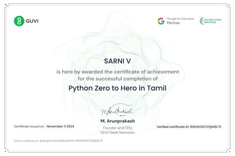 Sarni Venkatachalam On Linkedin Python Coding Guvi Learning Programming Achievement