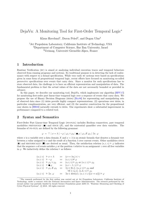 Pdf Dejavu A Monitoring Tool For First Order Temporal Logic