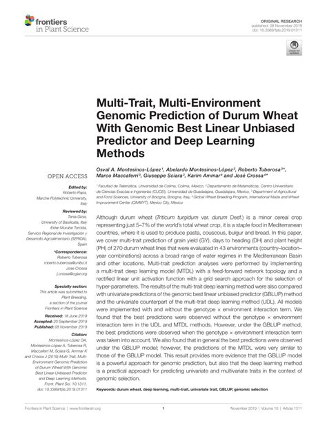 Pdf Multi Trait Multi Environment Genomic Prediction Of Durum Wheat