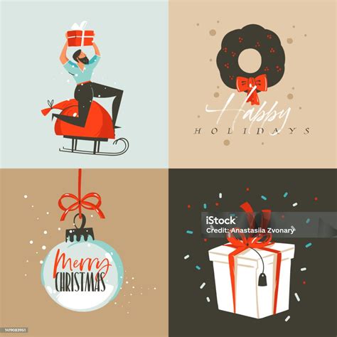 손으로 그린 벡터 추상 재미 메리 크리스마스와 새 해 복 많이 받으세요 시간 만화 그림 인사말 카드 크리스마스 깜짝 선물 상자 소년과 메리 크리스마스 텍스트 배경에 색 절연