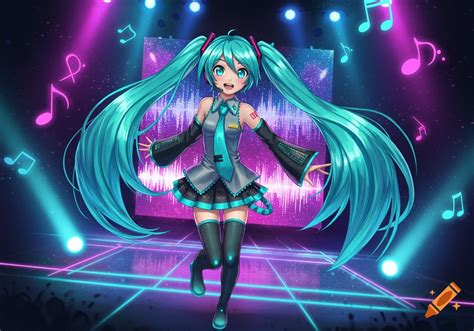 Hatsune Miku And Kaito Perform On A Stage With A City Skyline And