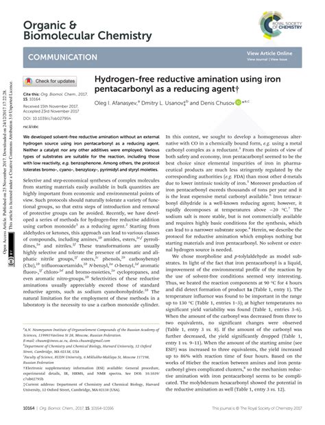 Pdf Hydrogen Free Reductive Amination Using Iron Pentacarbonyl As A Reducing Agent