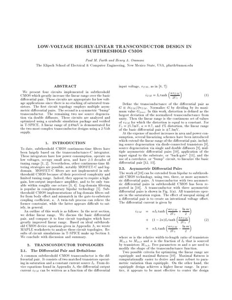 Pdf Low Voltage Highly Linear Transconductor Design In Subthreshold Cmos