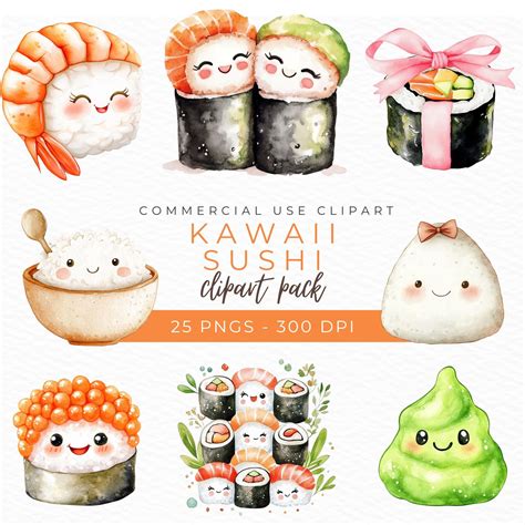 Kawaii Sushi Clipart Cute Sushi Png Sushi Roll Illustration Japanese
