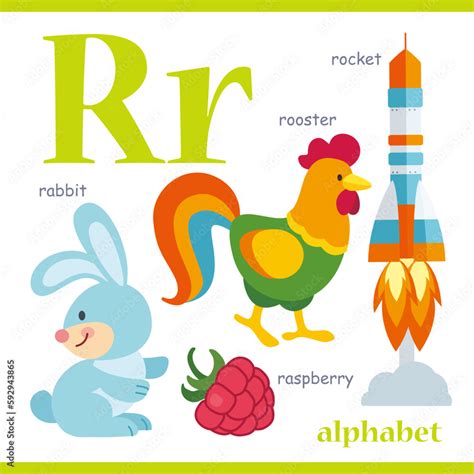 Alphabet Letter R With Cartoon Vocabulary Illustration Rabbit Rooster Rocket Raspberry Cute
