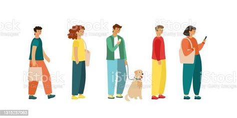 줄에 서 만화 사람들의 전체 길이 플랫 벡터 일러스트레이션 측면 보기 줄서서 기다림에 대한 스톡 벡터 아트 및 기타 이미지 줄서서 기다림 측면 보기 여자 Istock