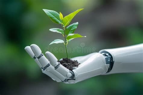 Android Hand Gently Hold Small Plant Symbolizing Fusion Of Technology